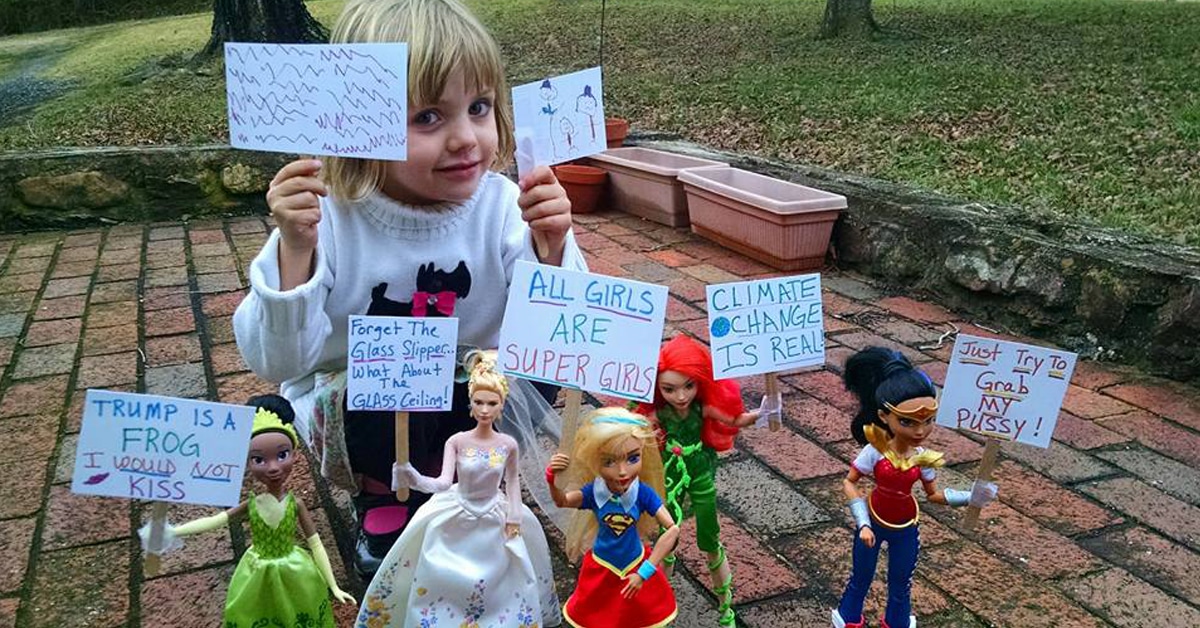 Four-Year-Old Stages Her Own Women's March as a Doll Protest March