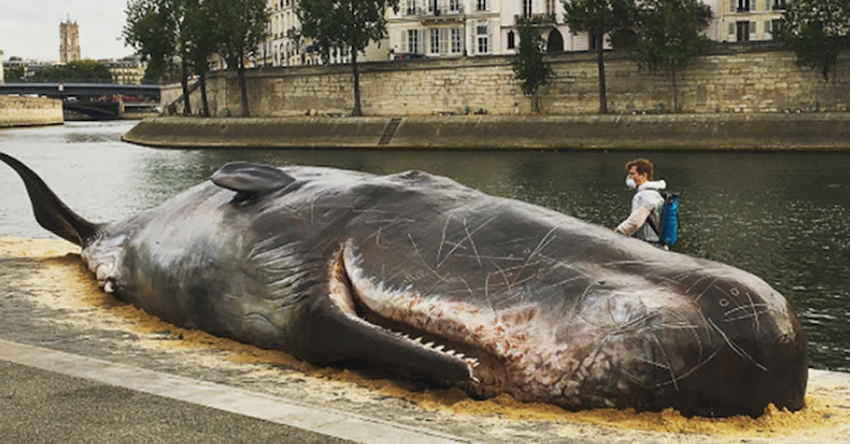 Whale Sculpture Beached on River is Hyperrealistic Activist Art