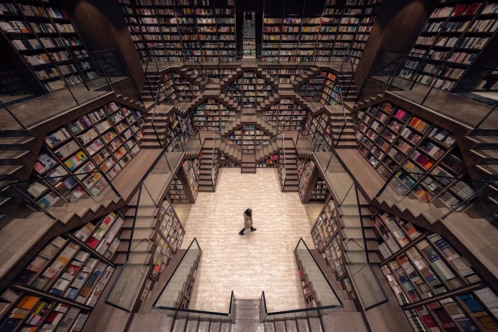 Beautiful Bookstore Filled with Fantasy Optical Illusions