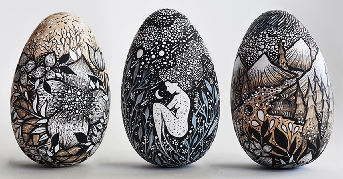 IlWooden Eggs Feature Detailed Drawings Inspired by Nature and Fantasy
