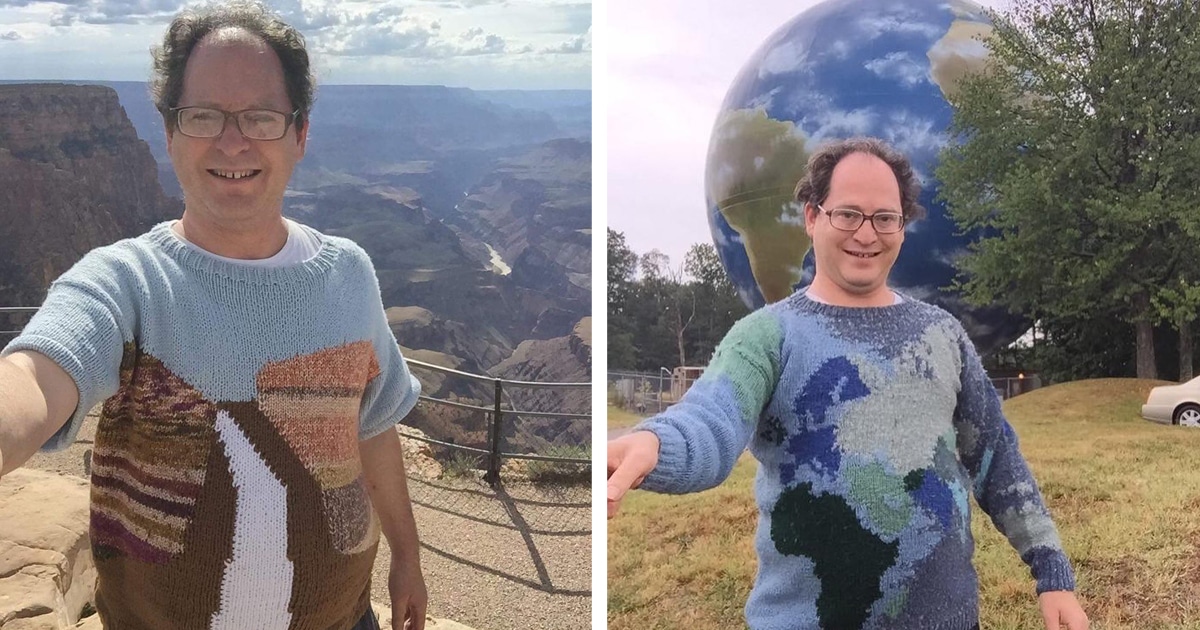 Man Creates Knitted Sweaters of Places Then Wears Them to the Places