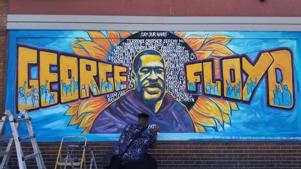 George Floyd Mural in Minneapolis Becomes a Makeshift Memorial