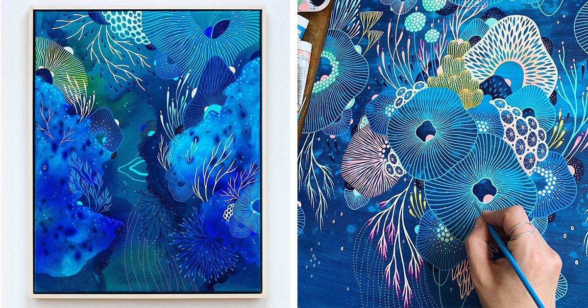 Abstract Ink Paintings Portray Colorful Imaginary Ecosystems