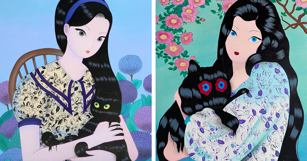 Dreamy Paintings Depict Women Holding Cats Made of Their Own Hair