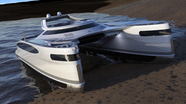 This Solar-Powered Amphibious Catamaran Works on Water and Land
