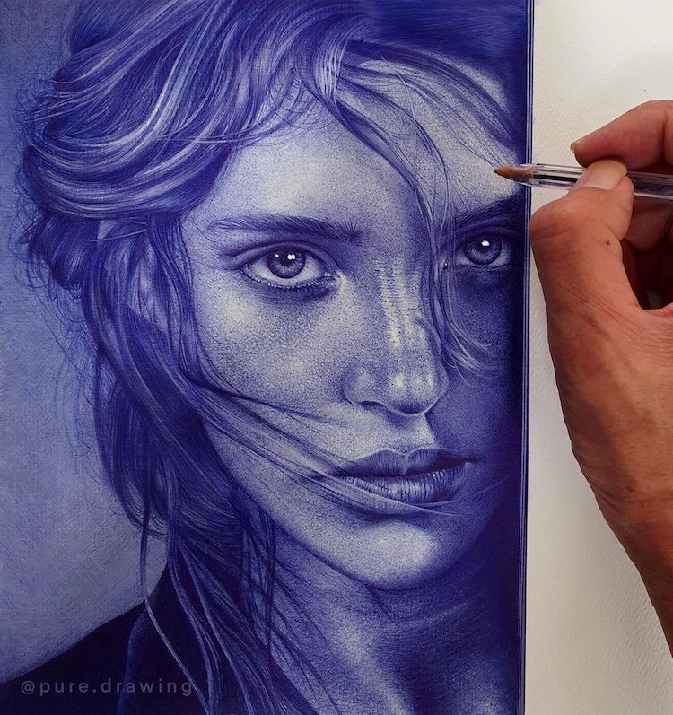 Artist Creates Hyperrealistic Portraits Using Only A Blue Ballpoint Pen Artist Creates Hyperrealistic Portraits Using Only A Blue Ballpoint Pen