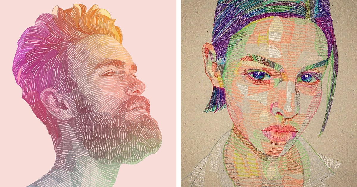 Artist Layers Colors and Lines to Create Captivating Geometric Portraits