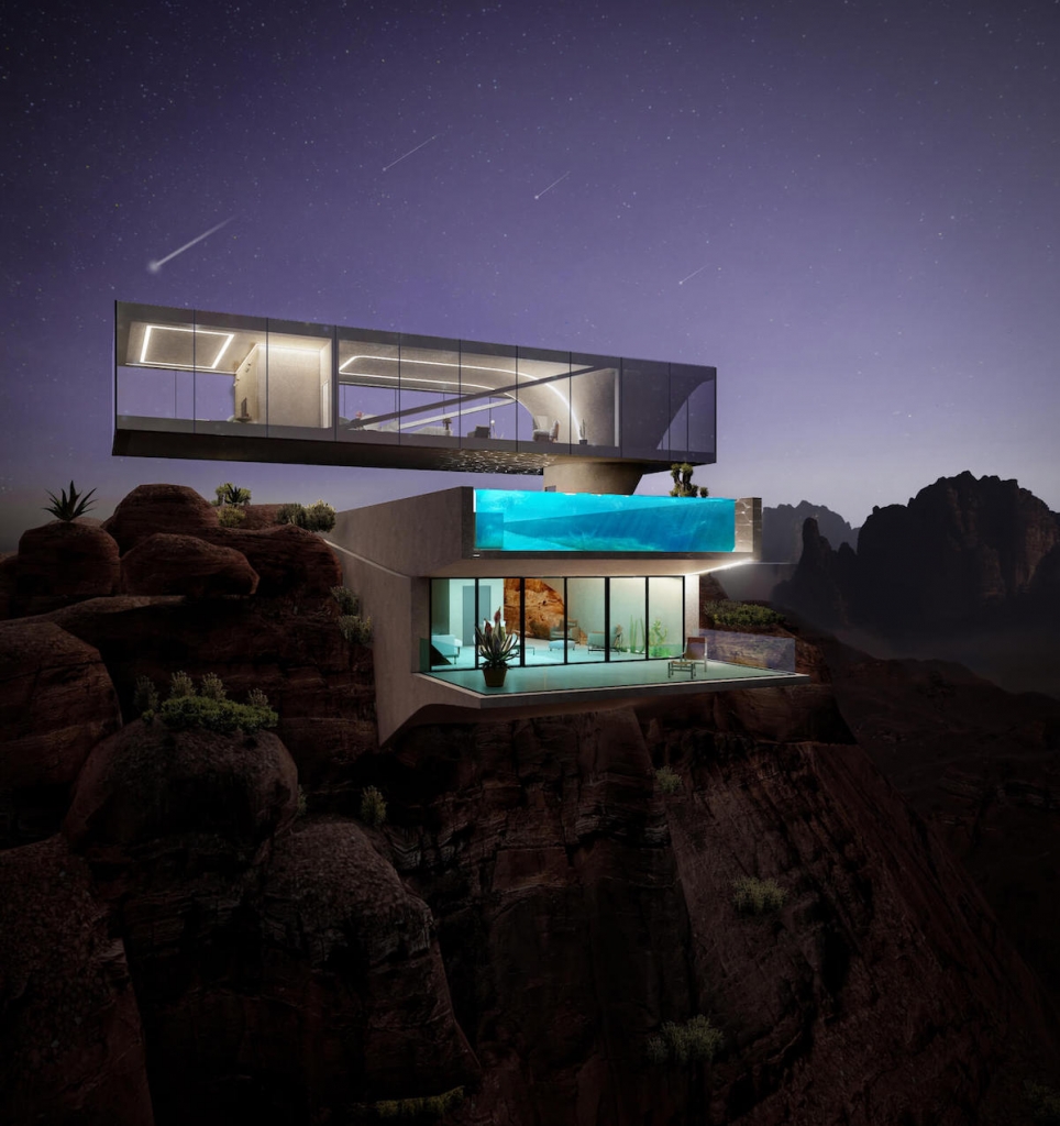 Oasis House Features a Massive Pool Cantilevering off a Desert Mountain