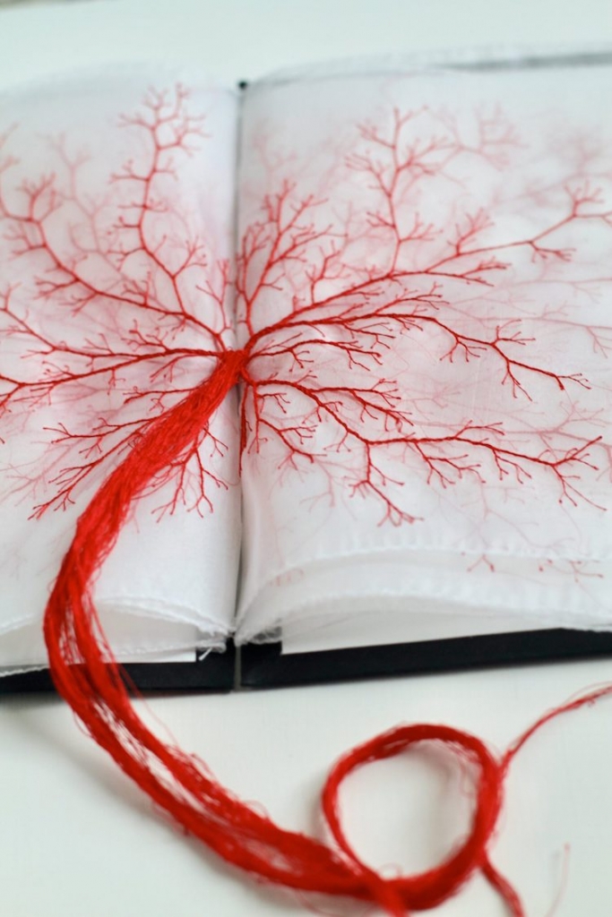 Fabric Books Artistically Embellished With Vein-Like Tendrils of Red ...