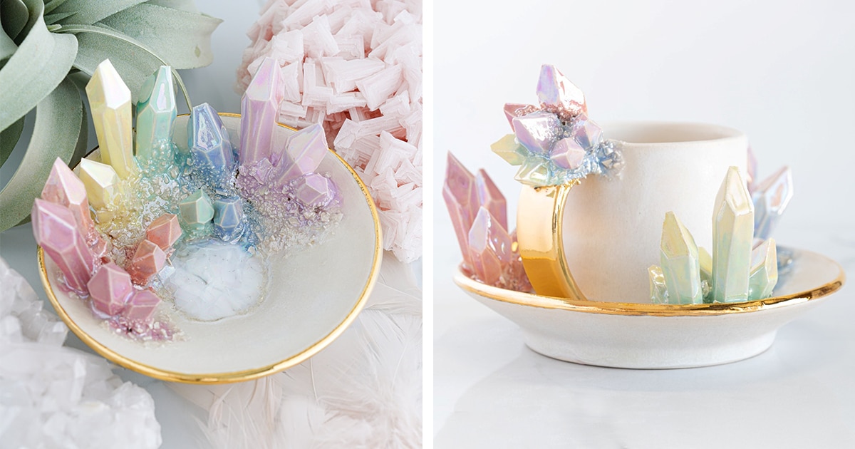 Handmade Ceramic Tableware Features Colorful Clusters of Crystals