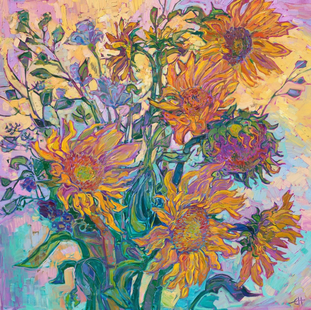 Vibrant Sunflowers Bloom on Colorful Open-Impressionist Paintings
