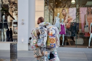 Man Wears a Custom Suit Showing All the Trash He Produced in a Month