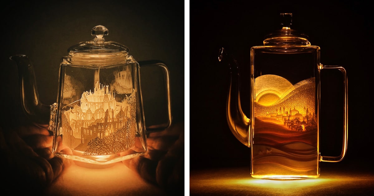 Delicate Cut Paper Sculptures Illuminated in Glass Vessels