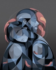 Abstract Blue Figures Connect Several Moments in Time