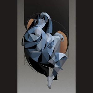 Abstract Blue Figures Connect Several Moments in Time