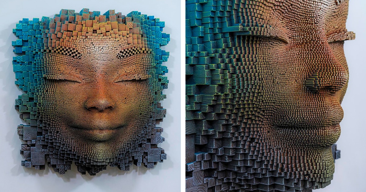 Enigmatic Faces Emerge in Pixelated Forms in Exciting Sculpture