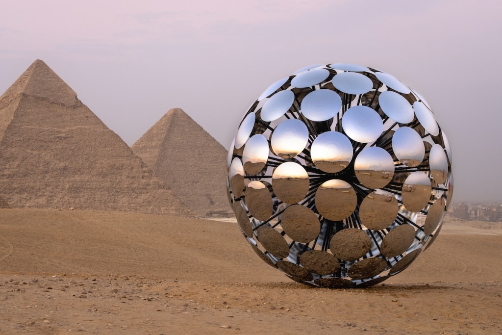Dramatic Mirrored Orb Sits in Front of the Giza Pyramids