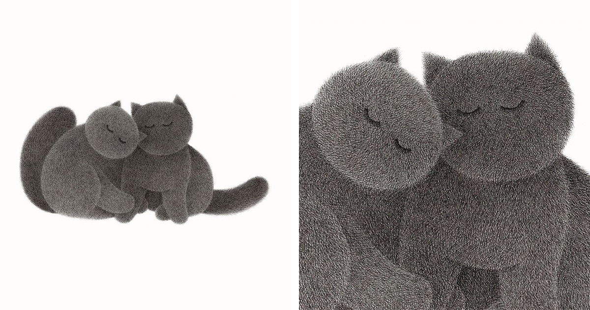 Fluffy Cat Drawings Are Made of Numerous Tiny Hatch Marks