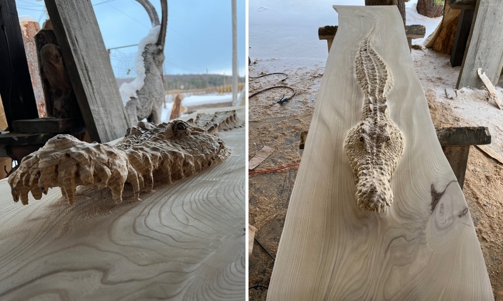 Woodworker Spends 100 Hours Carving a Crocodile Emerging from Wood Bar ...