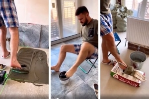 Man With No Arms Installs Tiles on a Floor Using Only His Feet