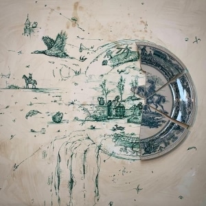 Artist Mends Broken Plates in Pen and Ink Drawings