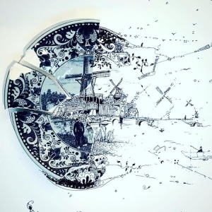 Artist Mends Broken Plates in Pen and Ink Drawings