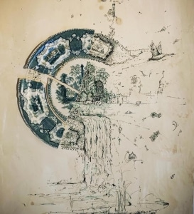 Artist Mends Broken Plates in Pen and Ink Drawings