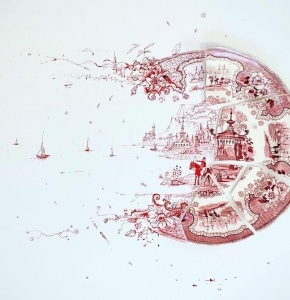 Artist Mends Broken Plates in Pen and Ink Drawings