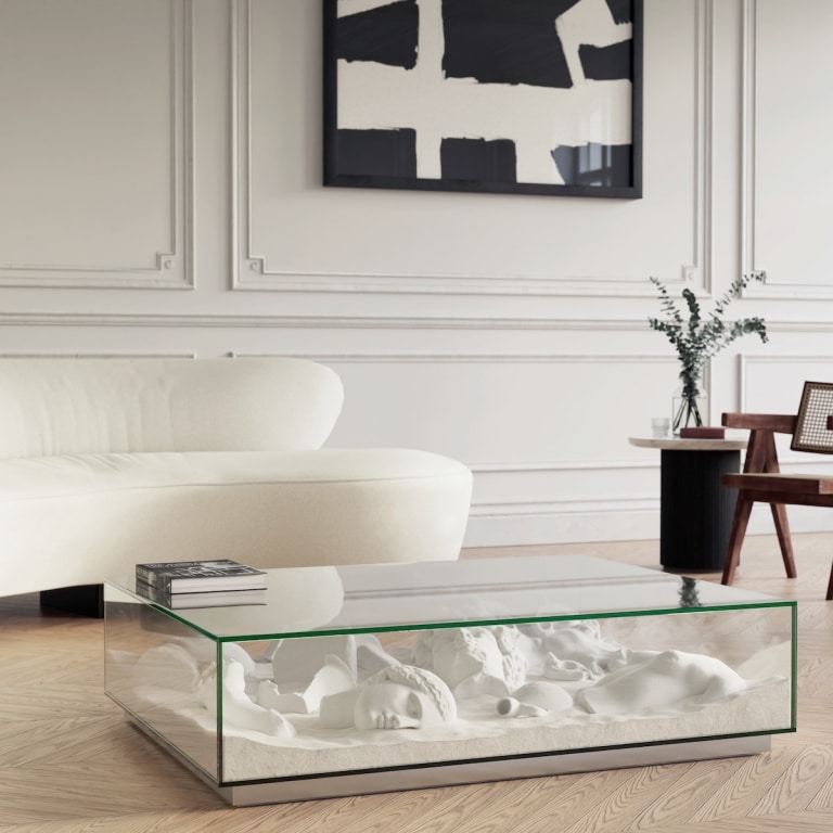Glass Table Contains Classical Sculptures Inspired by the Past