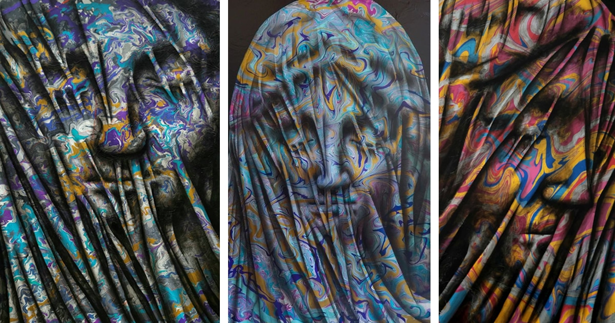 Painter Covers Figures With Marble-Colored Veils