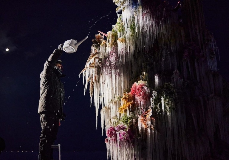 Artist Constructs Frozen Sculpture Made of Flowers and Ice