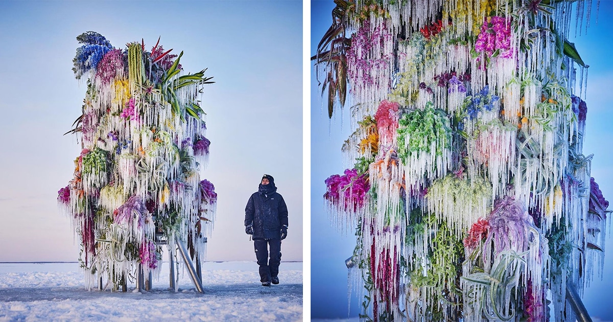 Artist Constructs Frozen Sculpture Made of Flowers and Ice