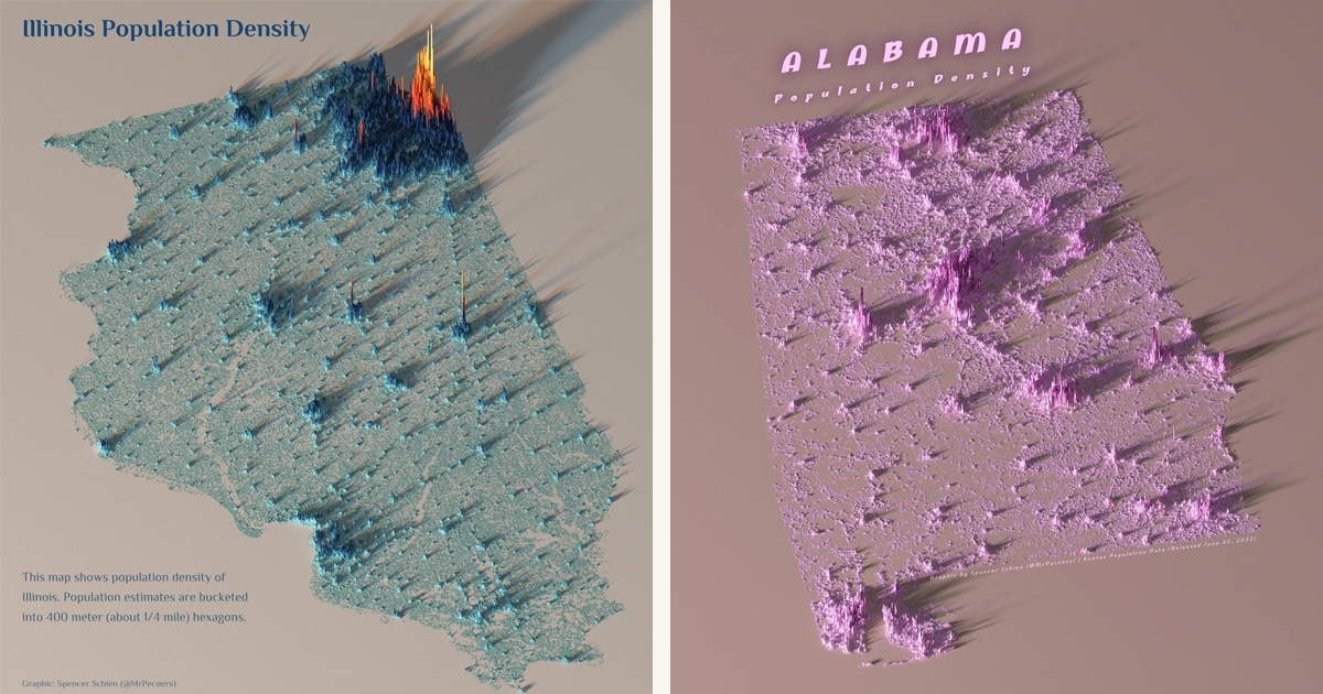 3D Population Density Maps Highlight the Stark Contrast in States