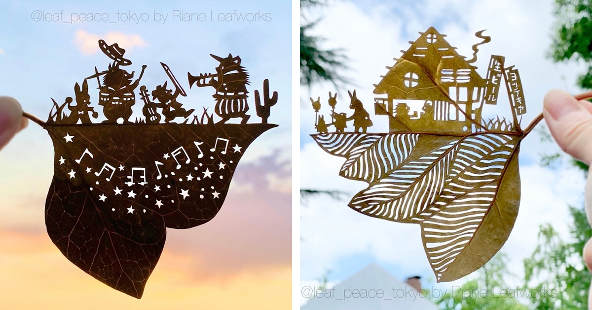 Artist's Leaf Art Carvings Show Playful Animals and Serene Scenes