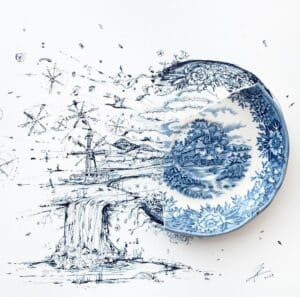 Artist Fixes Broken Plates With Spectacular Pen and Ink Drawings