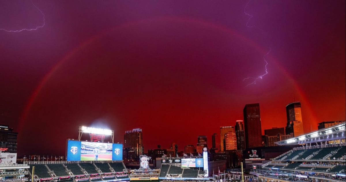 Rainbow Lightning Captured Over Minnesota Twins Baseball Game