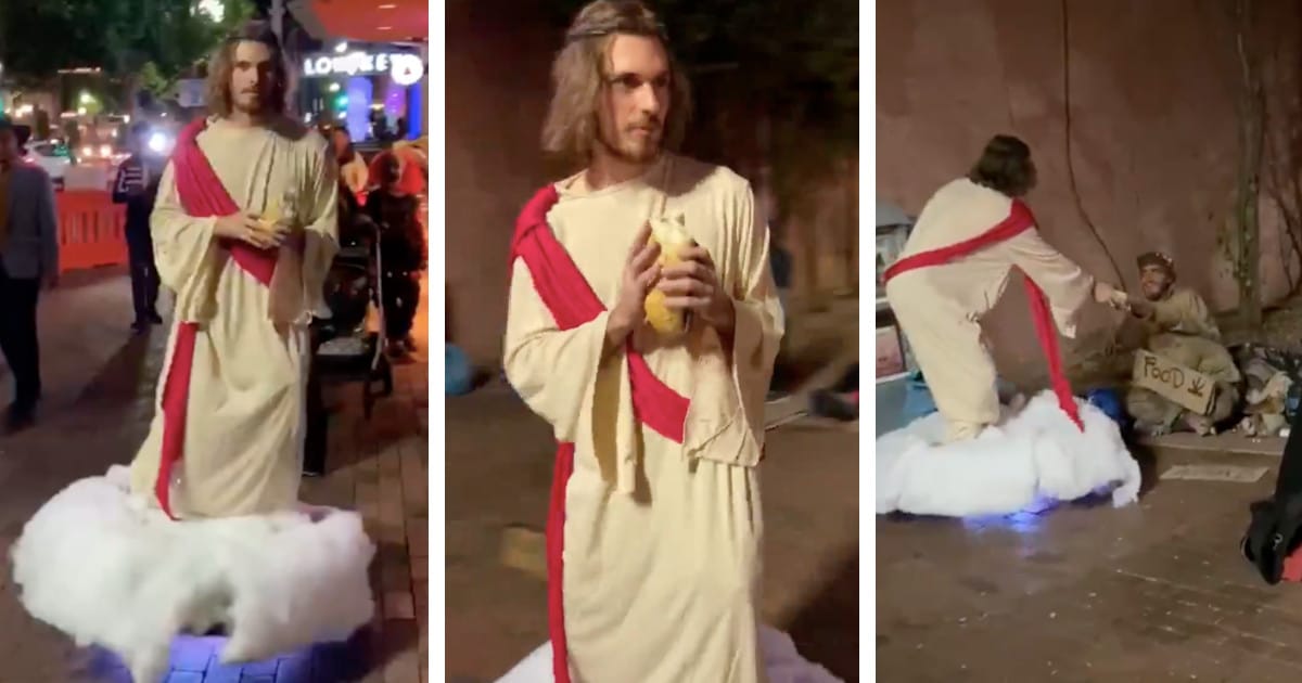 Guy Dresses up as Jesus for Halloween With a Moving Cloud