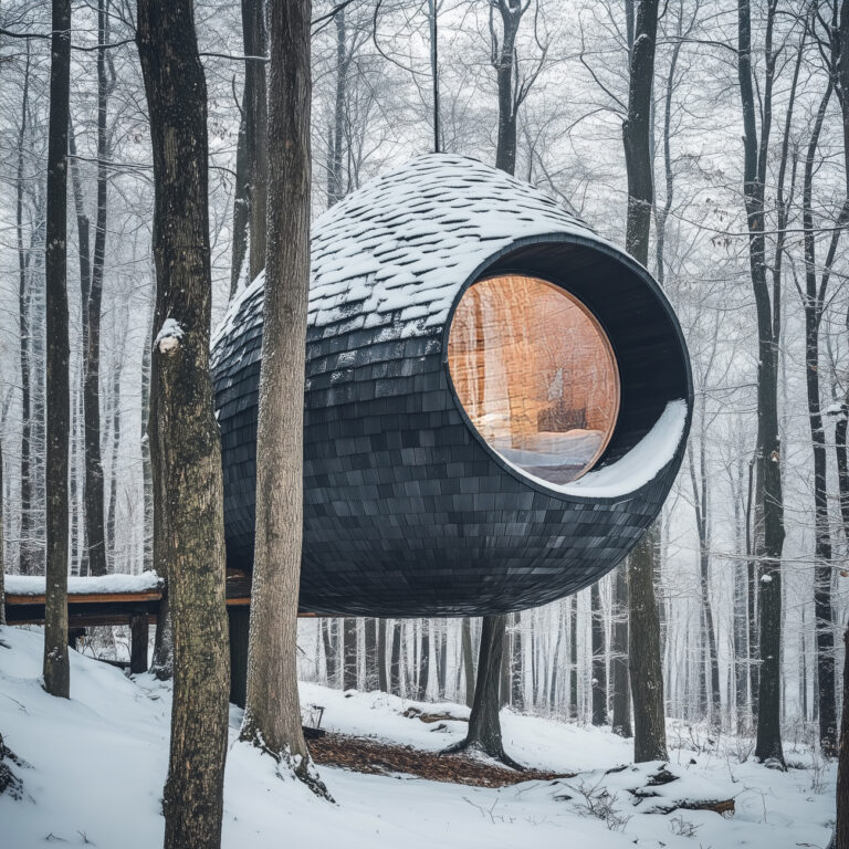 Shingled Spherical Treehouses Offer a Dreamy Winter Getaway